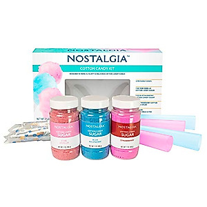 Nostalgia Cotton Candy Party Kit, 3 Flavors, 4 Reusable Cones, 10 Floss Bags