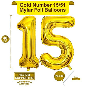 40 Inch Gold 15 Number Balloons Giant Jumbo Huge 15 or 51 Foil Mylar Helium Number Digital Balloons Gold Birthday Mylar Digital Balloons 15th 51st Birthday Anniversary Events Party Decorations
