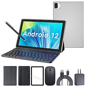 10.1-inch Android 12 tablet, 32GB ROM+2GB RAM, 2-in-1 tablet, keyboard, mouse, case, stylus, tempered film, 8-megapixel dual camera, quad-core processor, 6000mAh battery, 1280 by 800 FHD tag