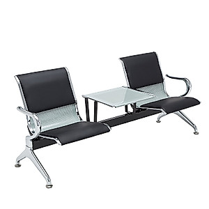 walsport Leather Waiting Room Furniture Black Chairs Reception 2 Seat with Table for Airport Seating, Office, Bank, Hospital Bench