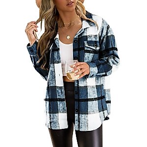 Trendy Queen Womens Casual Plaid Shacket White Button Down Shirt Long Sleeve Shirts Fall Jacket Shackets,Blue