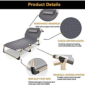 tiyiawi Patio Lounge Chair, 4-Fold Portable Camping Folding Tanning Chair Lightweight Portable Sunbathing Recliner for Outdoor, Lawn, Patio, Beach, Sunbathing, Tanning, Deck with Pillow