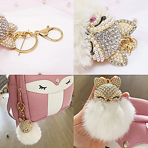 Honbay Faux Rabbit Fur Fluffy Keychain Fashion Fox Head Alloy Keychain Sparkly Rhinestone Car Keychain (Beige)