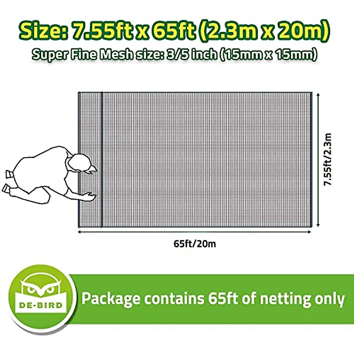 De-Bird Garden Fencing 7.5 x 65 ft Heavy Duty Bird Netting for Garden Protection Plastic Fence - Deer Fence Garden Netting Pest Barrier, Rabbit Fence, Flower Bed Fencing, Garden Fence Animal Barrier