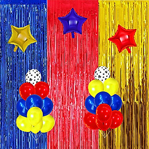Paw Birthday Decorations, Paw Party Supplies Red Blue Gold Foil Fringe Curtain, Red Blue Yellow Balloons, Dog Paw Print Balloons for Kids Baby Shower Party Decorations