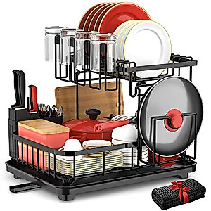 Cibert Dish Drying Rack with Drainboard Set, 2 Tier Dish Racks for Kitchen Counter, Black Dish Drainer Set, Kitchen Dish Drying Rack with Dish Drying Mat, Large Dish Drainer Rack with Utensil Holder