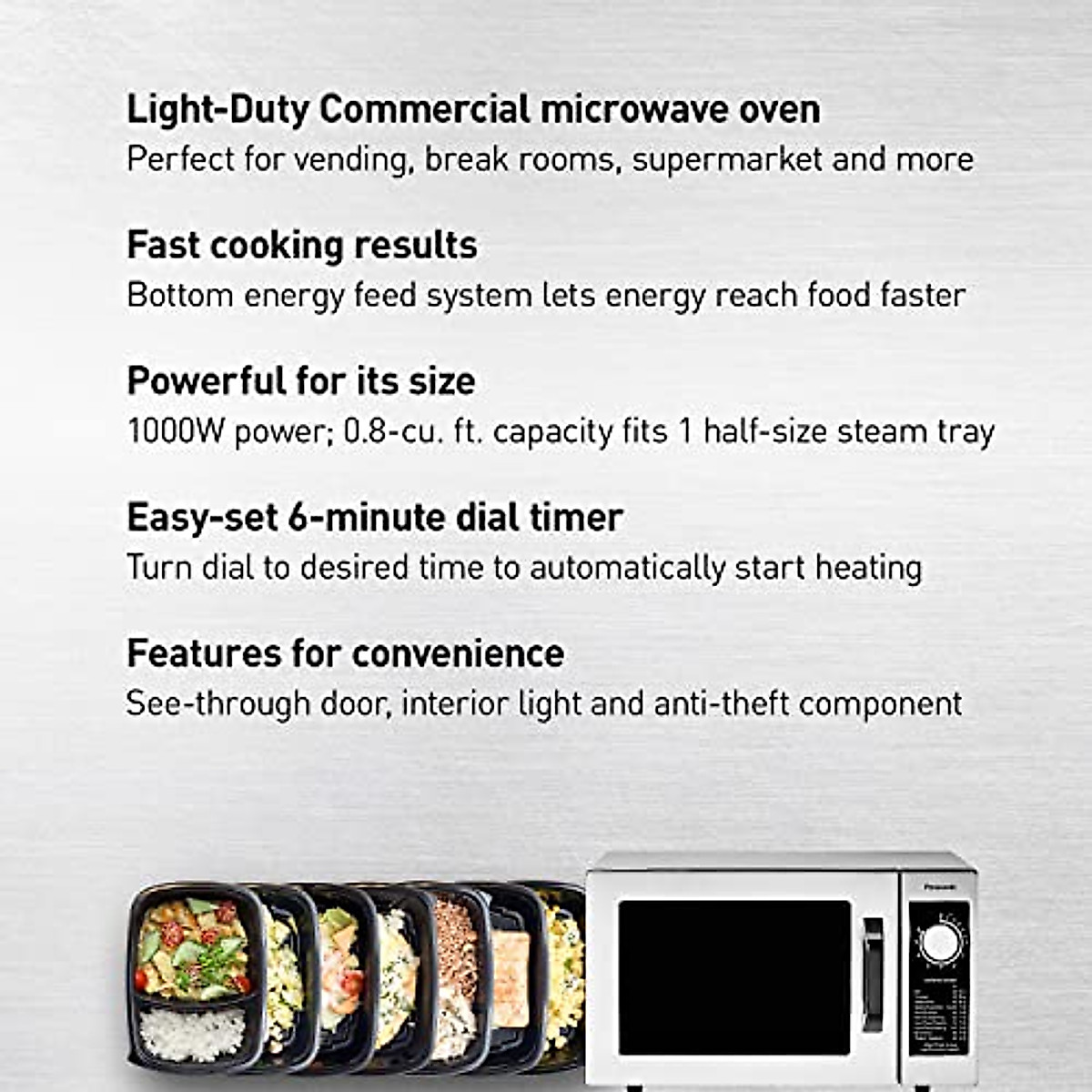 Panasonic NE-1025F Compact Light-Duty Countertop Commercial Microwave Oven with 6-Minute Electronic Dial Control Timer, Bottom Energy Feed, 1000W, 0.8 Cu. Ft. Capacity Silver
