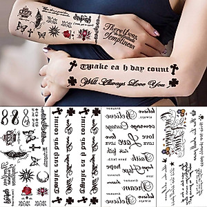 TASROI 18 Sheets Black Inspired Quotes Temporary Tattoos For Women Kids Children Long Lasting Letter Alphabet Words Fake Tattoo Stickers Birds Cross ECG infinity Moon Star Neck Arm Tatoo For Men Adult
