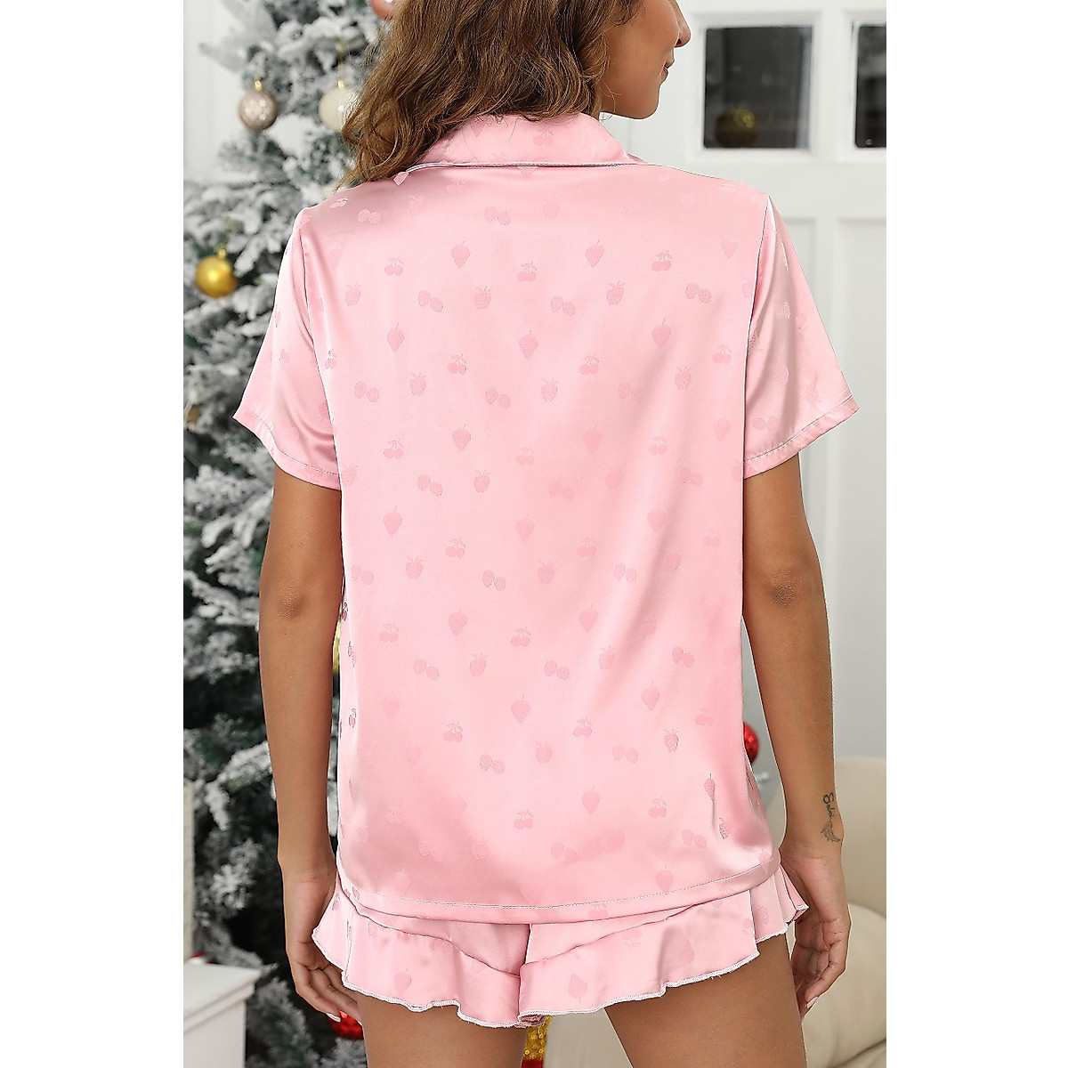 OUSIEDISIE Button Down Pajama Sets For Women Soft Short Sleeve Two Piece Strawberry Print Pj Sleepwear Set, Pink L