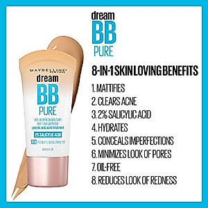 Maybelline Dream Pure Skin Clearing BB Cream, 8-in-1 Skin Perfecting Beauty Balm With 2% Salicylic Acid, Sheer Tint Coverage, Oil-Free, Light/Medium, 1 Count