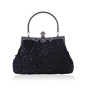 Ro Rox Claudette Vintage Clutch Bag for Women - 1920s Peaky Blinders Beaded Bag for Evening - Elegant Purse with Removable Shoulder Chain with Snap - Black Sparkly Handbag for Wedding Party, Black