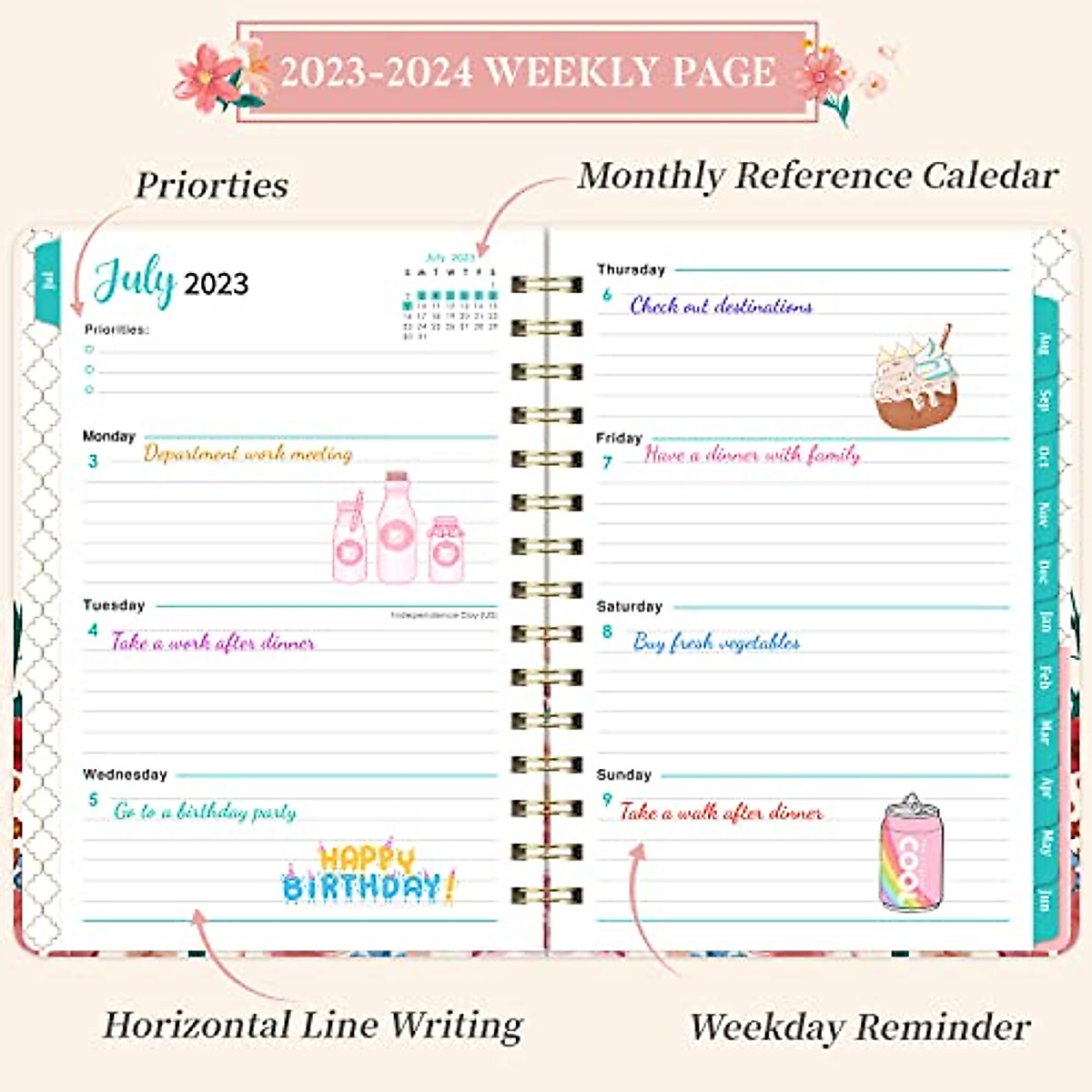 Planner 2023-2024 - 2023-2024 Planner, July 2023 - June 2024, Weekly & Monthly Planner 2023-2024 with Monthly Tabs, 6.4" x 8.5", Inner Pocket, Thick Paper, Colorful Flower