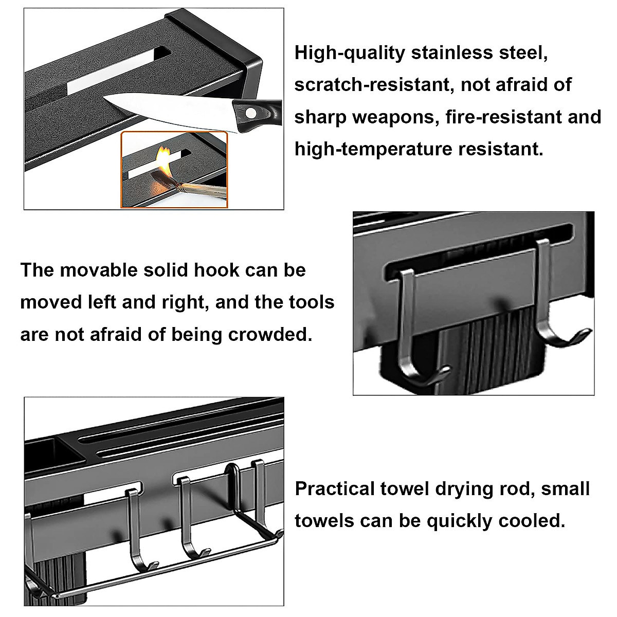 HST Kitchen Knife Holder for Wall, Stainless Steel Knife Blocker without knives，15.78 Inches Kitchen Knife Storage Organizer, Black