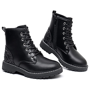 Blikcon Kids Girls Combat Ankle Boots Lace up Inner Zipper Fashion Booties (Color : Black, Size : 2 Little Kid)