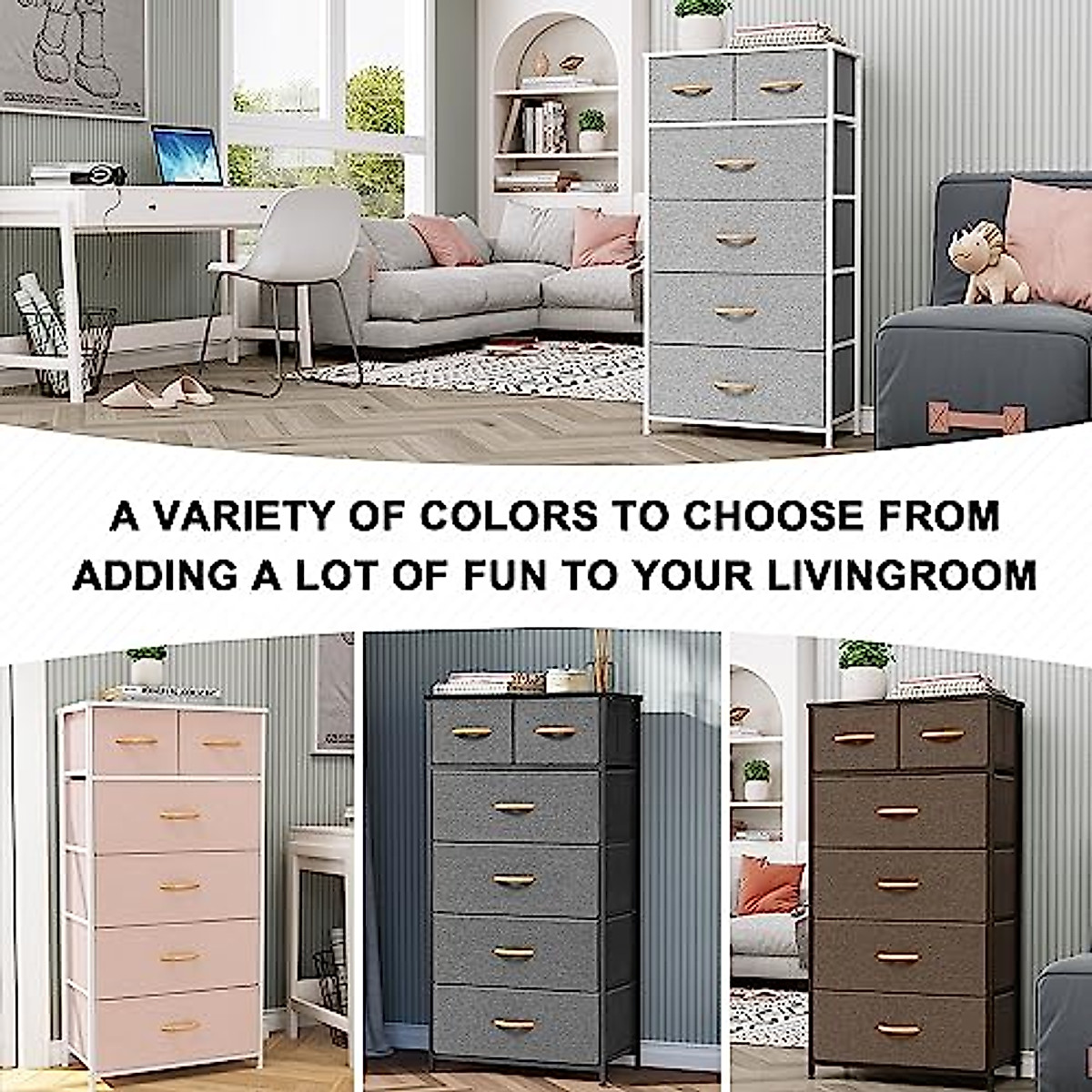 JOINHOM Dresser Storage Tower with Drawers, Fabric Tall Dresser Drawer for Bedroom, Office, Entryway, Living Room and Closet- Sturdy Steel Frame, Easy Pull Bins & Wooden Top