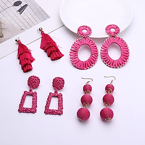 Fansilver Statement Earrings Drop Raffia Earrings Dangle Geometric Earrings Boho Long Tassel Earrings Hot Pink Earrings for Women