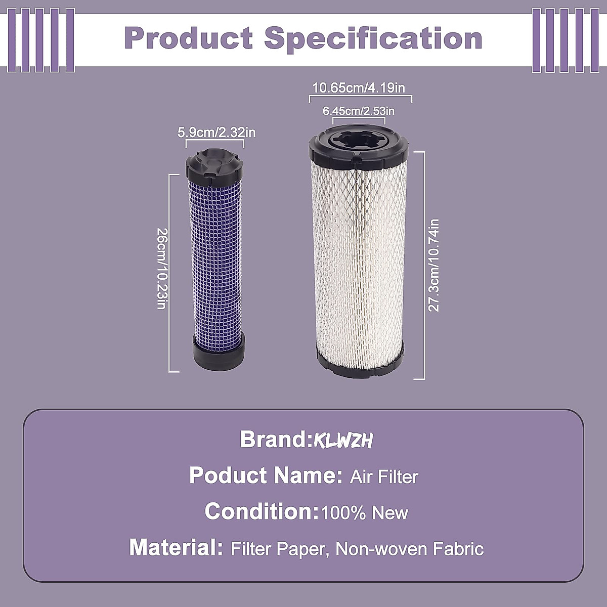 KLWZH 2508301-S Outer Air Filter & 2508304-S Inner for Kawasaki 11013-7020 11013-7019 11013-7044 11013-7045 M131802 M131803 FX651V FD731V FD750D FD791D FH601V FH641V FH680V FH721V Lawn Mower