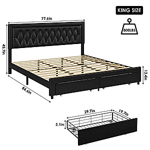 King Bed Frame with 2 Storage Drawers, Leather Upholstered Platform Bed Frame with Button Tufted Headboard, Wooden Slats and Adjustable Headboard Mattress Foundation, No Box Spring Needed, Black