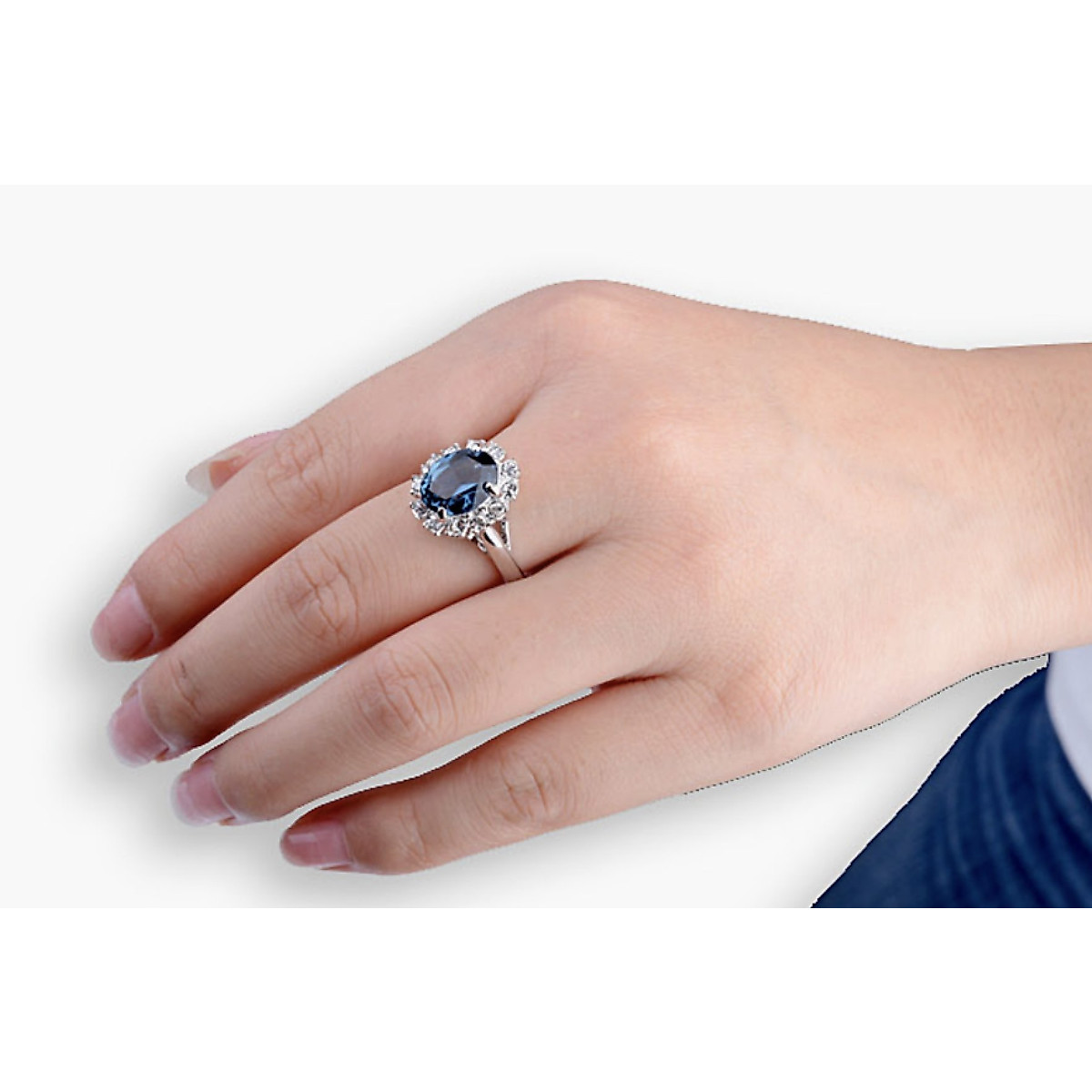 White Gold Plated Oval Shaped Ring with Sapphire Blue Swarovski element Crystal and Clear Round Shaped Cubic Zirconia Fashion Jewelry for Women (6.5)