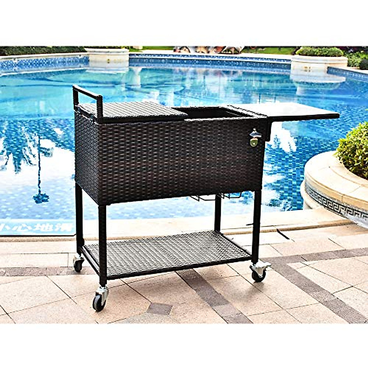 HOSFO 80 Quart Outdoor Rolling Patio Cooler Cart on Wheels, Portable Wicker Ice Chest, Rattan Beverage Bar for Patio Deck Party, Drink Cooler Cart with Bottle Opener, Cutting Board, Cover (Brown)