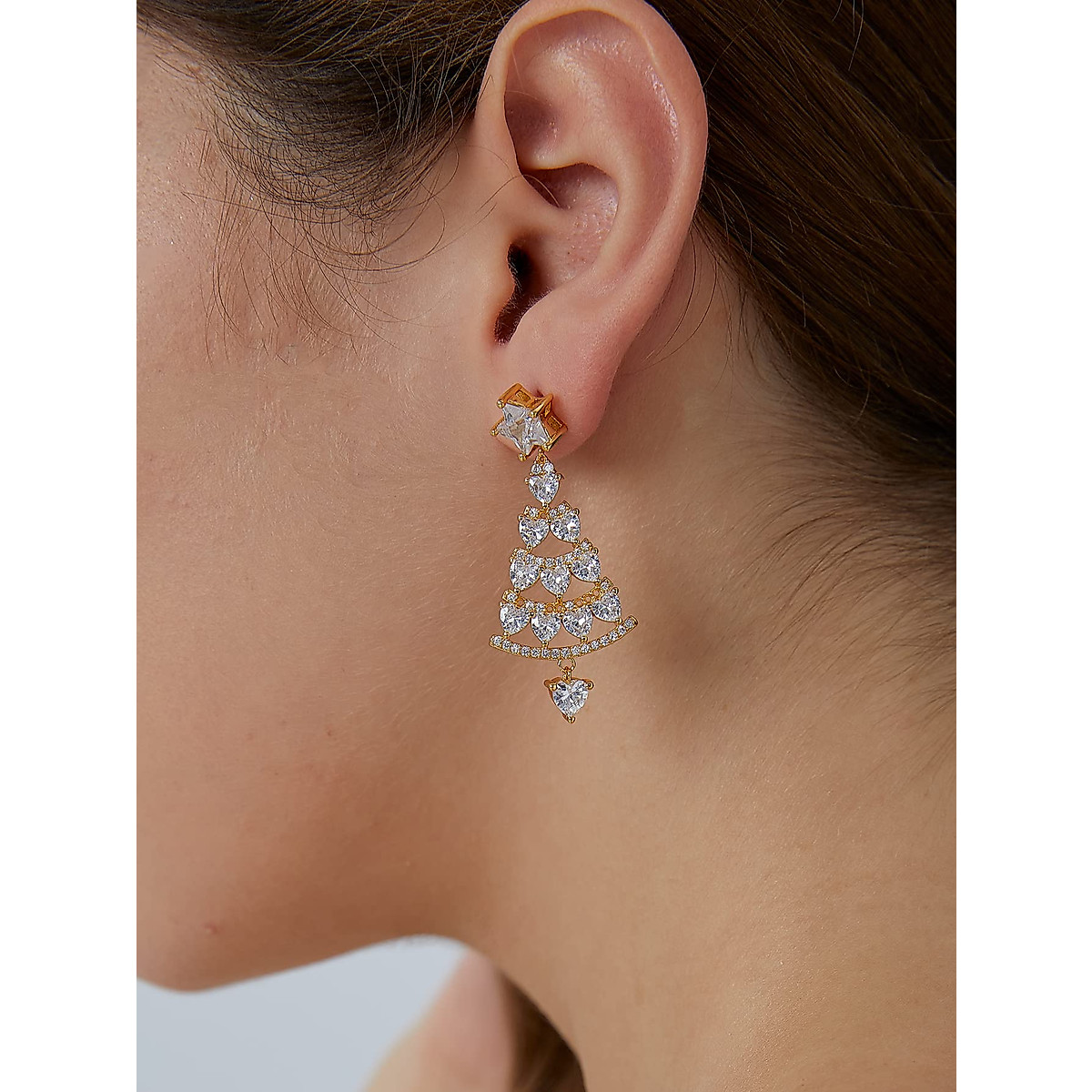 PICKBEAU Tassel Crystal Christmas Tree Hoops for Women 925 Silver Post Rhinestone Xmas Drop Earrings for Christmas Party Favors