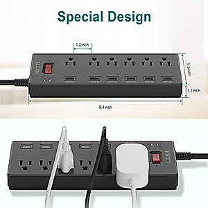 Power Strip, HICITY Surge Protector with 6 AC Outlets and 6 USB Ports, Wall Mountable Flat Plug Extension Cord, 1625W/13A, Widely Spaced Outlet for Home, Office, Hotel (6ft, Black)