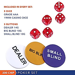 Rally and Roar Professional Poker Set w/ Hard Case, 2 Card Decks, 5 Dice, 3 Buttons - 200 Chips