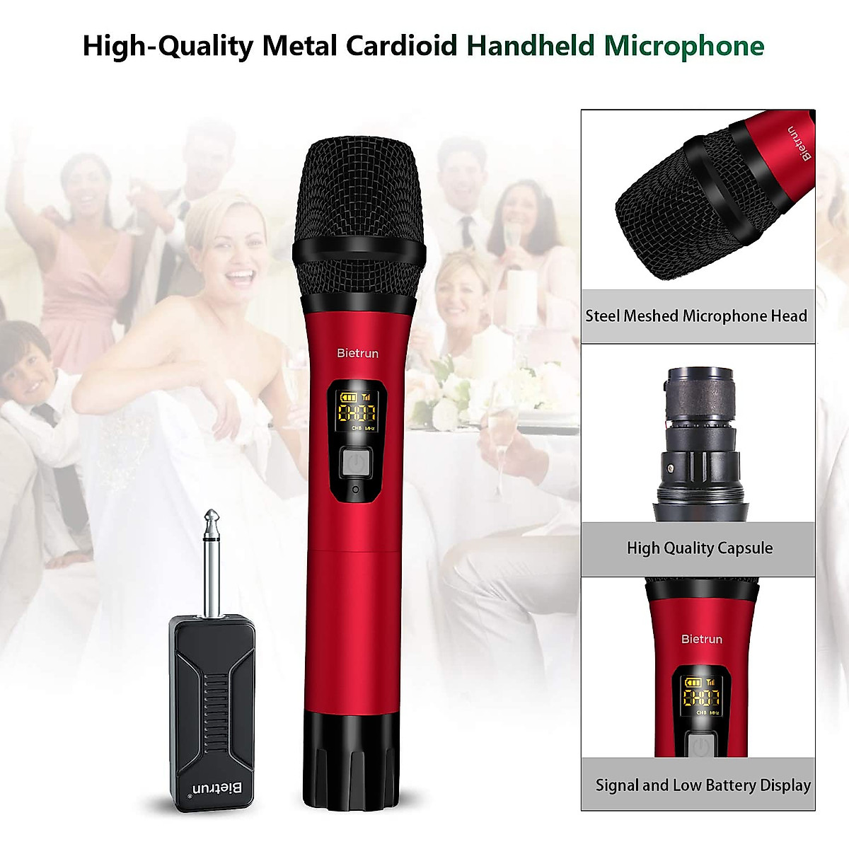 Wireless Microphone, Uhf Metal Dynamic Handheld Karaoke Mic, Rechargeable Receiver (Work 6hs),160ft Range, for Karaoke, Singing, Stage, Wedding, Speech, Karaoke Machine, Speaker, Amplifier, Mixer