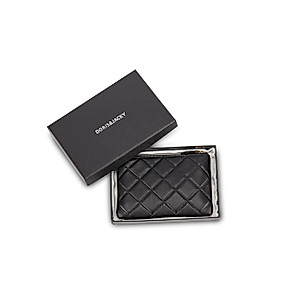 DORIS&JACKY Soft Lambskin Leather Coin Purse Small Quilted RFID Blocking Top Zipper Wallet With Keychain (Black)