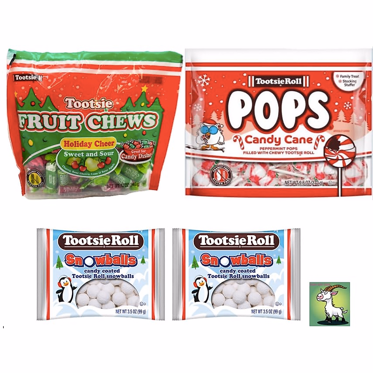 Christmas Roll Holiday 4 Pack - Candy Cane Pops 9.6 oz, Fruit Chews Holiday Cheer "Sweet and Sour" 12 oz, and Snowballs 3.5 (2). Bonus Angry Goat Goods fridge decoration included.