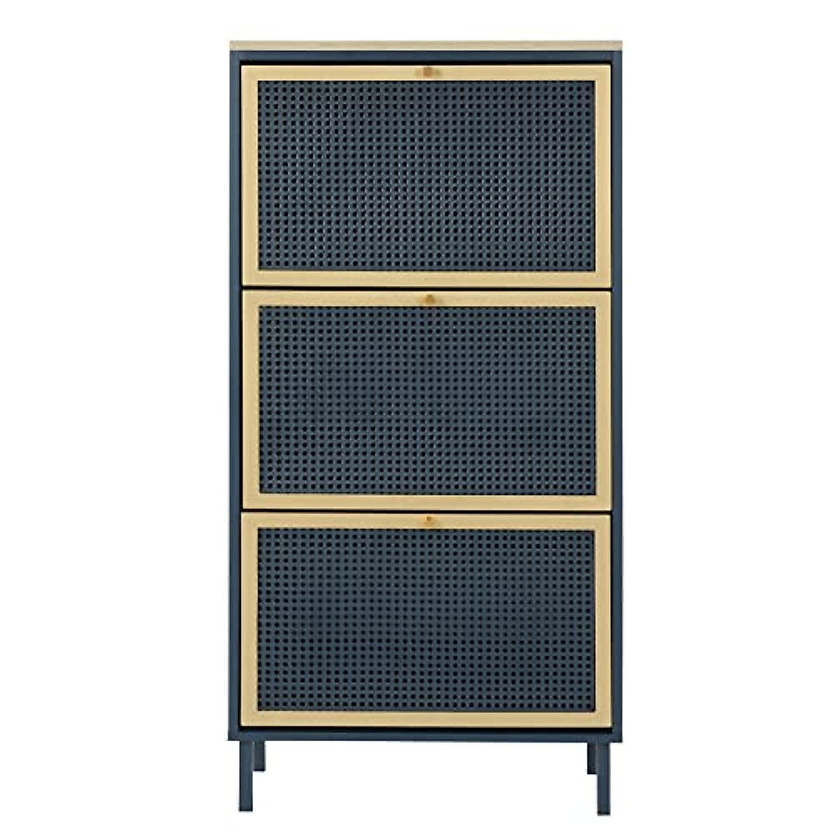 SSLine Industrial Shoe Cabinet with 3 Flip Down Storage Shelves Free-Standing Shoe Rack Elegant Wood Shoe Storage Organizer with Metal Rattan Door for Entryway Hallway Doorway (Blue&Gold-3 Door)