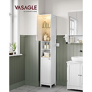 VASAGLE Tall Bathroom Cabinet with Lights, Slim Freestanding Bathroom Storage Cabinet with Adjustable Shelves, for Small Spaces, Modern, 11.8 Inches Wide, Cloud White UBBC566W02