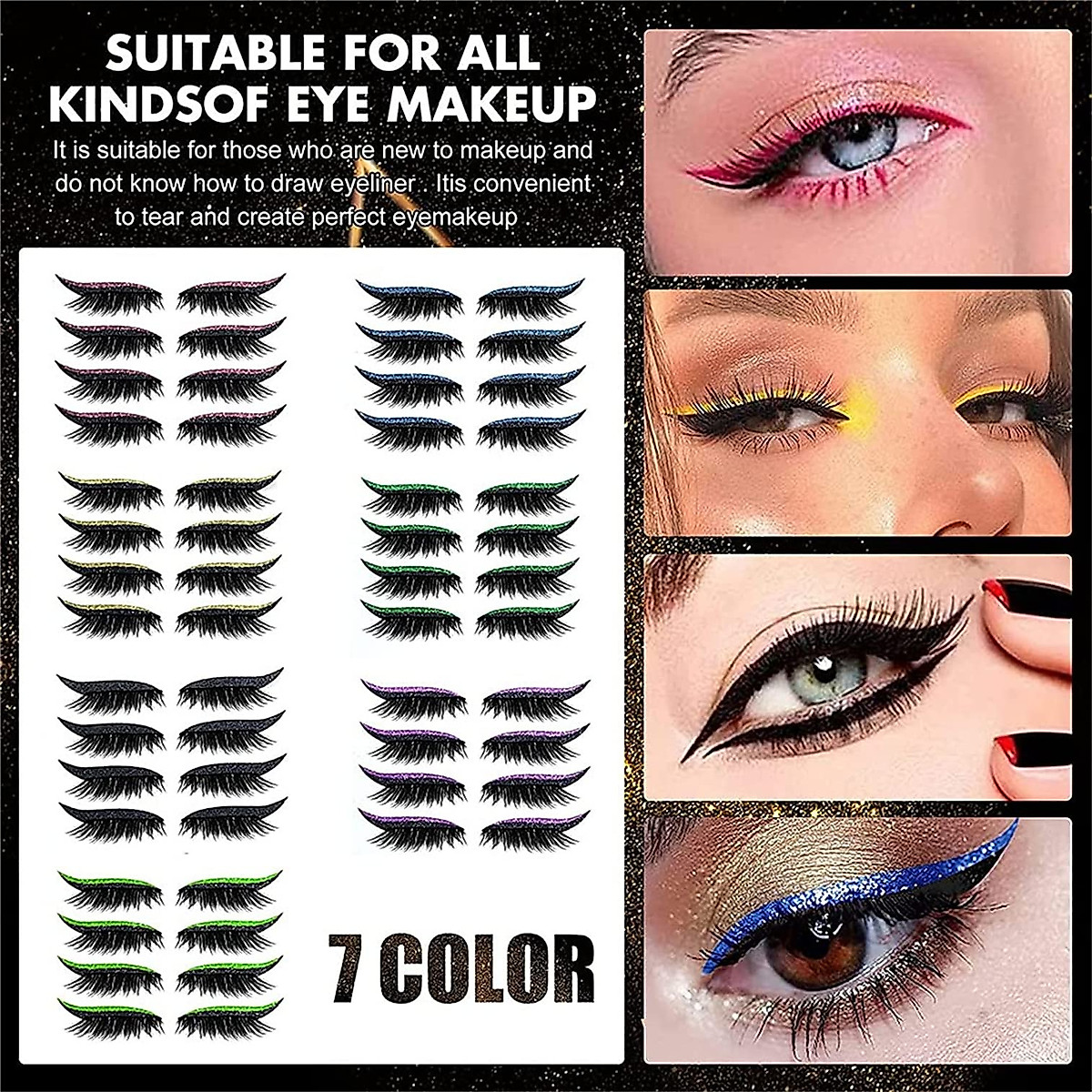False Eyelashes,Reusable Eyeliner and Eyelash Stickers 7 Color Waterproof Sticker Eyelashes,Easy to Wear and Remove,Women Make Up Glitter Lashes (A Set of Seven Colors)