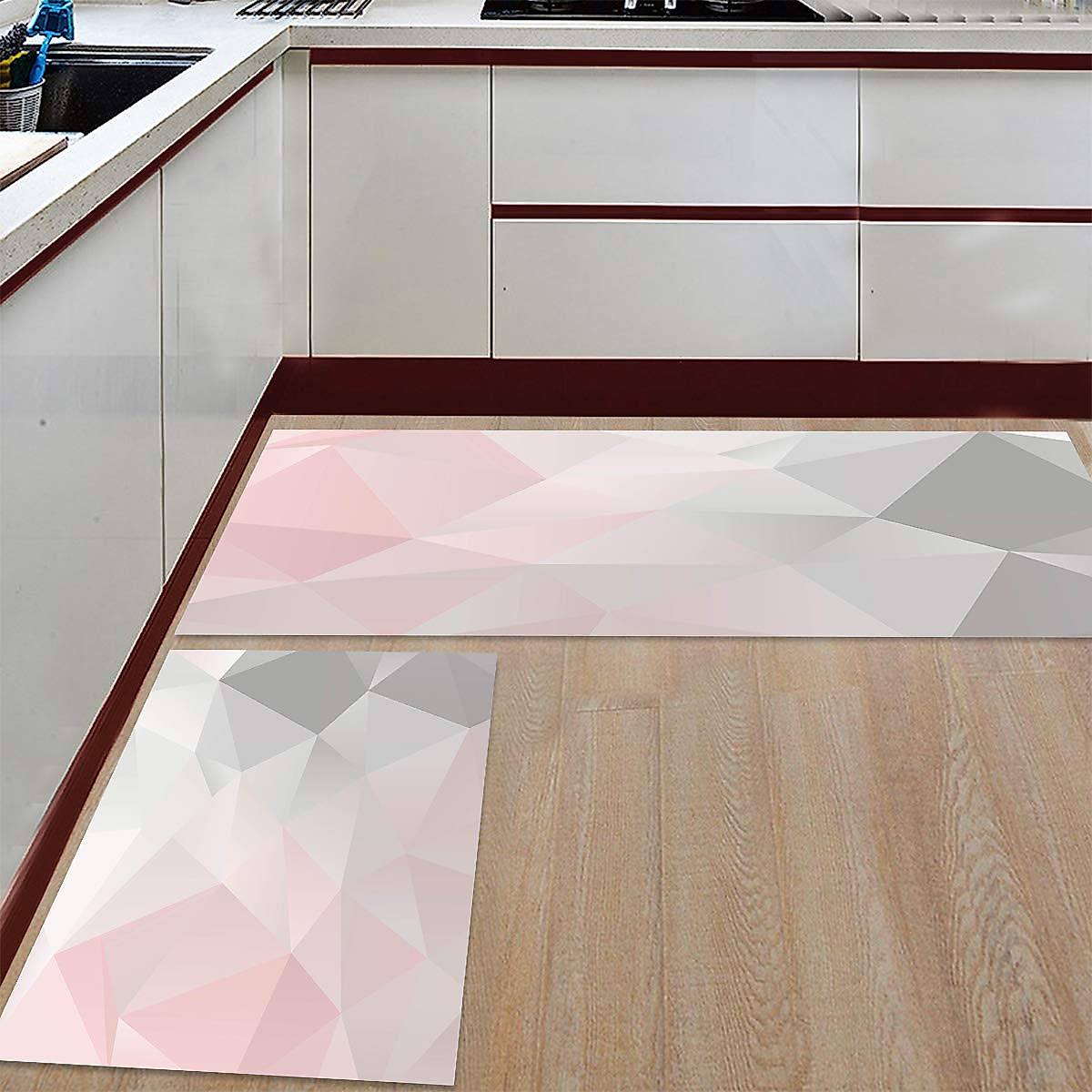 Kitchen Mat Set 2 Piece Kitchen Rugs, Pink Grey Gradient Geometric Triangle, Soft Waterproof Non-Slip Rubber Backing Floor Mats Doormat Bathroom Runner Area Rug Carpet, 15.7x23.6in + 15.7x47.2in