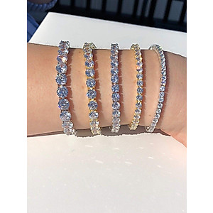 HarlemBling Real Solid 925 Sterling Silver Mens Or Womens Tennis Bracelet - 14k Yellow & Rose Gold Finish Over Solid 925 Silver - 3-6mm - 6-9" Iced Out One Row Bracelet (6, 3mm Silver)