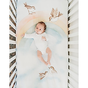 Rookie Humans 100% Cotton Sateen Fitted Crib Sheet: Rainbow and Birds. Modern Nursery, Use as a Photo Background for Your Baby Pictures. Standard Crib Size (52 x 28 inches)