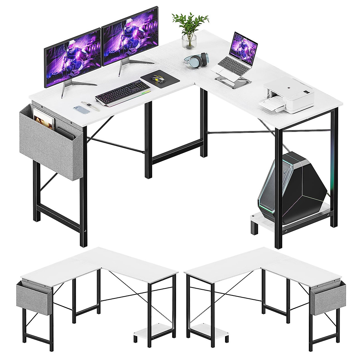 Sweetcrispy L Shaped Desk Gaming Computer 50 Inch Reversible Corner White Table PC Work Table for Writing Study Student with Wood Tabletop Metal Frame CPU Stand Side Bag for Home Office Small Place