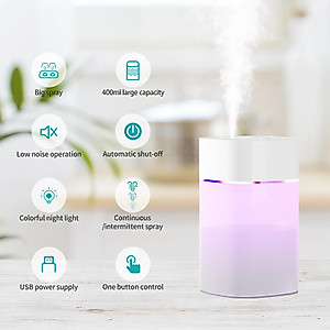 Small Humidifier, Mini Humidifier for Plant, 400ml Cool Mist Humidifiers for Bedroom, Desk Personal Humidifiers for Indoor Office Car, Portable Humidifier for Double Nourishment-White