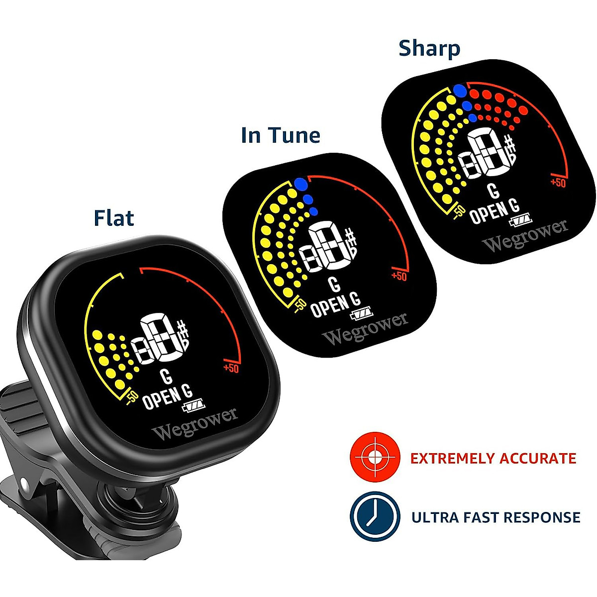 Wegrower Guitar Tuner Rechargeable, Clip On Tuner with LCD Color Display with Guitar, Ukulele, Violin and Chromatic Tuning Modes, Tuners for Musical Instruments