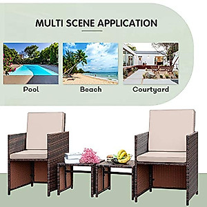 KaiMeng 4 Pieces Patio Furniture Space Saving Outdoor Brown Black Wicker Rattan Dining Sofa Chairs Cushioned Balcony Porch Sets with Ottomans (Beige)