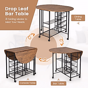 COSTWAY 3 Piece Dining Table & Chair Set, Versatile Collapsible Table with 2 Storage Shelves & 4 Pull-Out Baskets, Drop Leaf Table with 2 Folding Stools for Kitchen, Dining Room, Rustic Brown