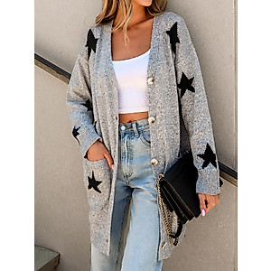 CUPSHE Womens 2024 Fall Open Front Long Sleeve Star Print Knit Cardigan Sweaters Outwear with Pockets Grey, XL