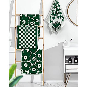 Soft Hand Towels for Bathroom Checkered and Sun Floral - 2 Styles 4 Pack Cotton Hand Towel Set - Dark Green