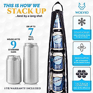 Super Large Golf Beer Sleeve for Golf Bag with 7 Reusable Cold Packs - XL-Size: 9 Cans Golf Cooler Bag - Great Golf Gift - Golf Bag Beer Cooler Sleeve - with Detachable Strap - Original Black