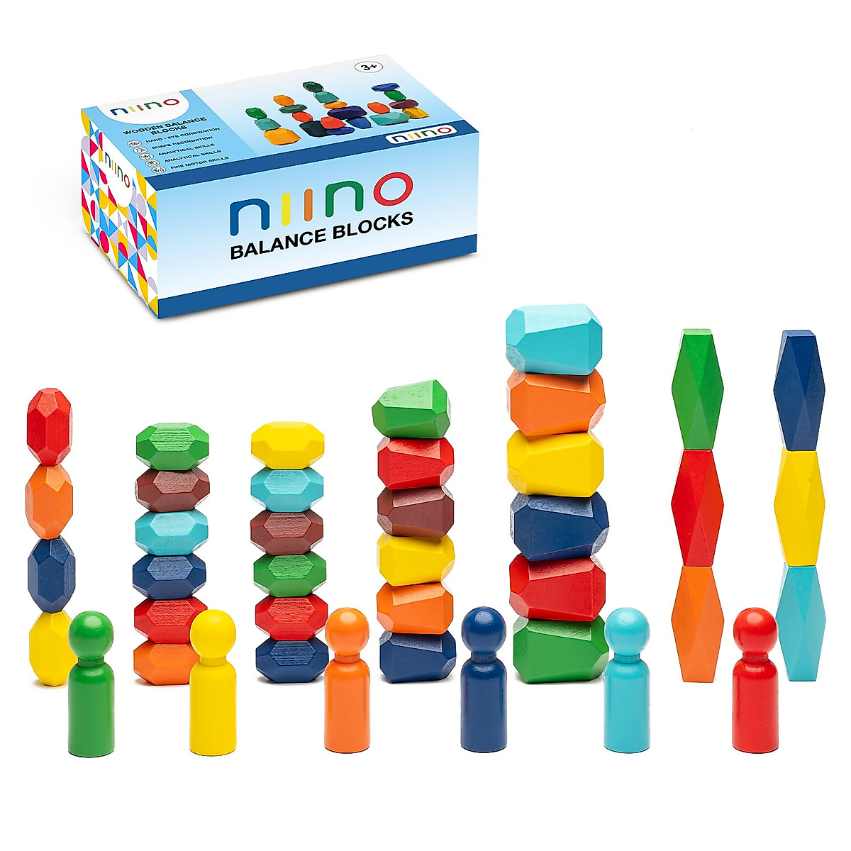 Niino 16 Pcs Wooden Blocks-Wooden Stone Balancing Blocks- Wooden Stacking Toys-Wooden Stones Building Blocks-Stacking Rocks-Colorful Natural Rainbow Stacking Sensory Toy… (20, Multicolor)