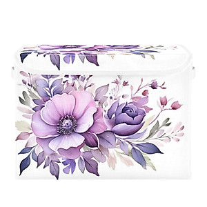 senya Baskets Collapsible Storage Bins with Lids, Purple Rose Leaves Storage Boxes Clothes Baskets for Organizing
