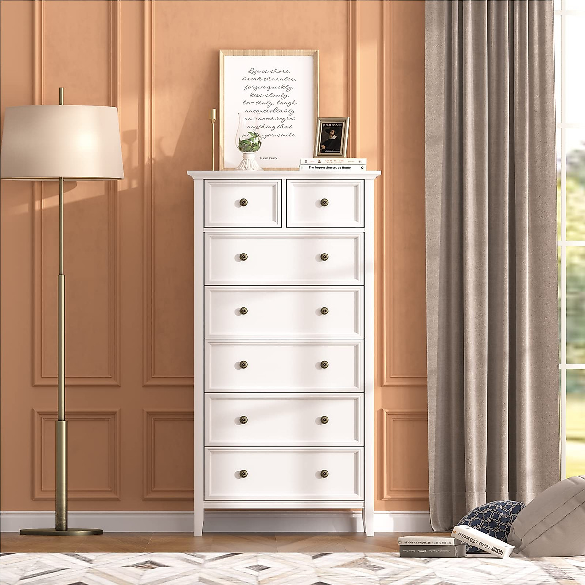 IKENO White 7 Drawer Tall Dresser, Tall Solid Wood Large Storage Cabinet, Modern Simple White Tall Chest of Drawer for Bedroom Living Room Hallway Entryway (White)