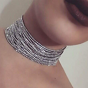YERTTER Women Waterfall Rhinestone Chain Multilayered Chain Full Crystal Tight Sparkly Choker for Party Prom Vacation (Silver)