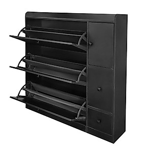 Gnrolaz Modern Shoe Cabinet with 3 Flip Drawers, Adjustable Shelf, Wood Free Standing Shoe Rack with Pull-Down Seat for Hallway, Entryway Organizer with Storage Cabinet, Black