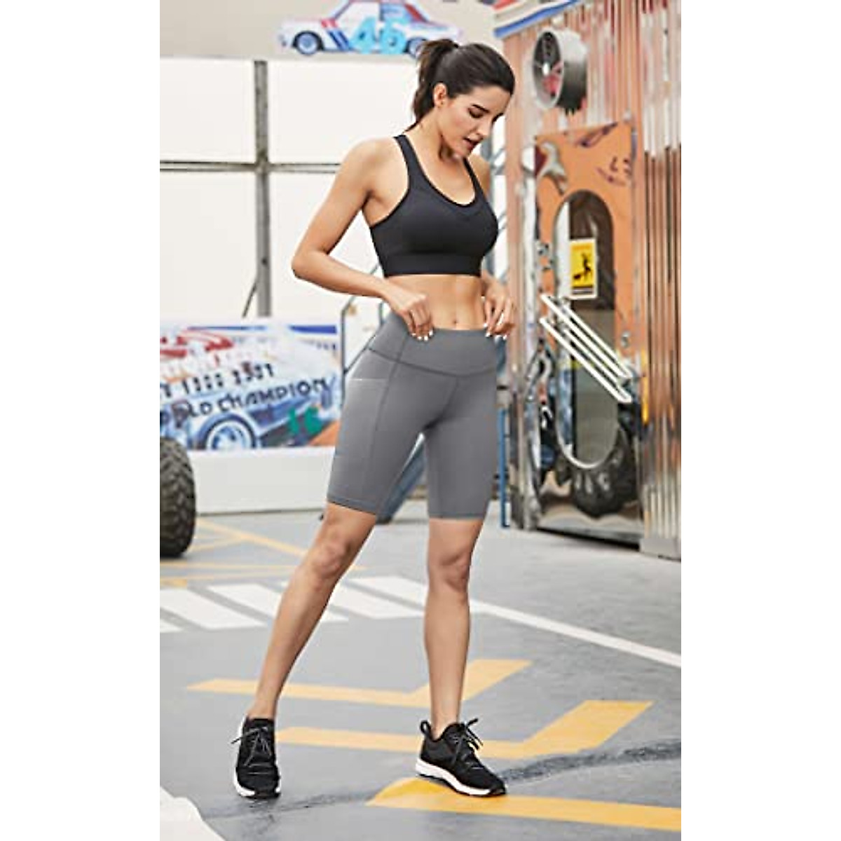Ewedoos Biker Shorts Women Tummy Control Workout Shorts with 3 Pockets High Waisted Compression Gym Running Yoga Shorts Women Gray